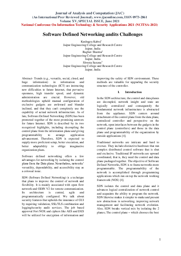 (PDF) Software Defined Networking and its Challenges