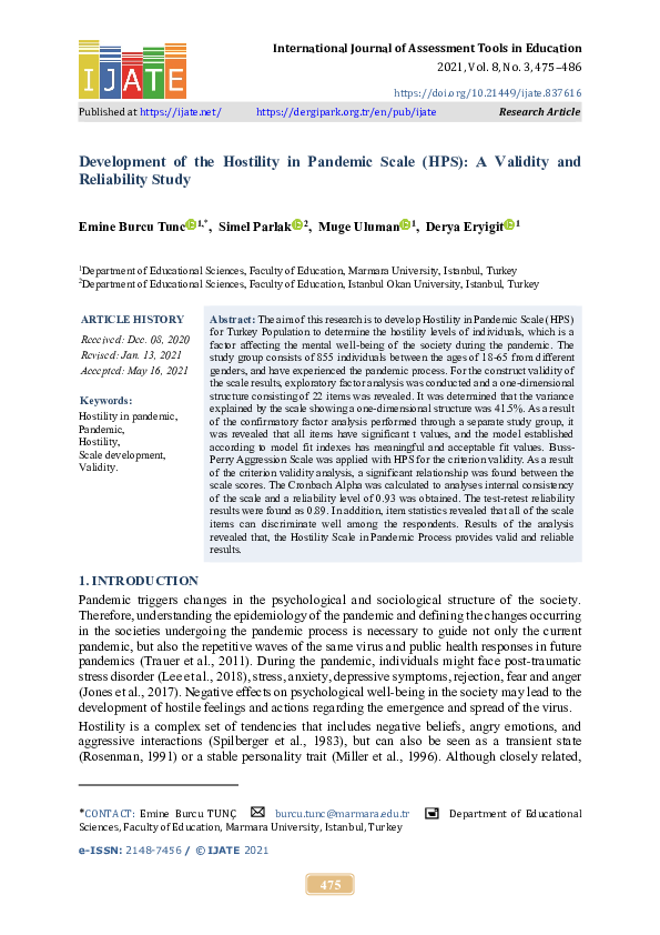 (PDF) Development of the Hostility in Pandemic Scale (HPS): A Validity ...