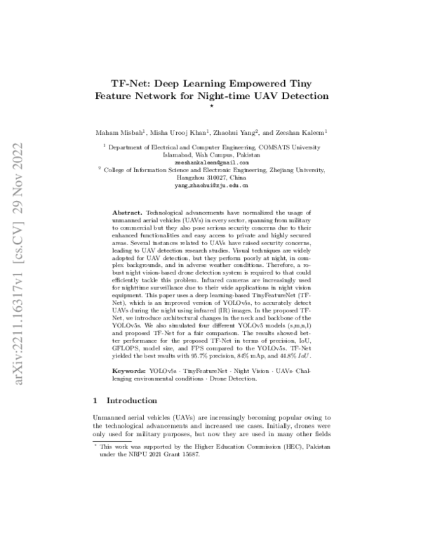 Pdf Tf Net Deep Learning Empowered Tiny Feature Network For Night Time Uav Detection