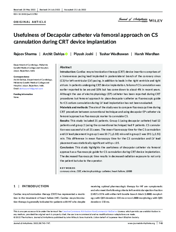 (PDF) Usefulness of Decapolar catheter via femoral approach on CS ...