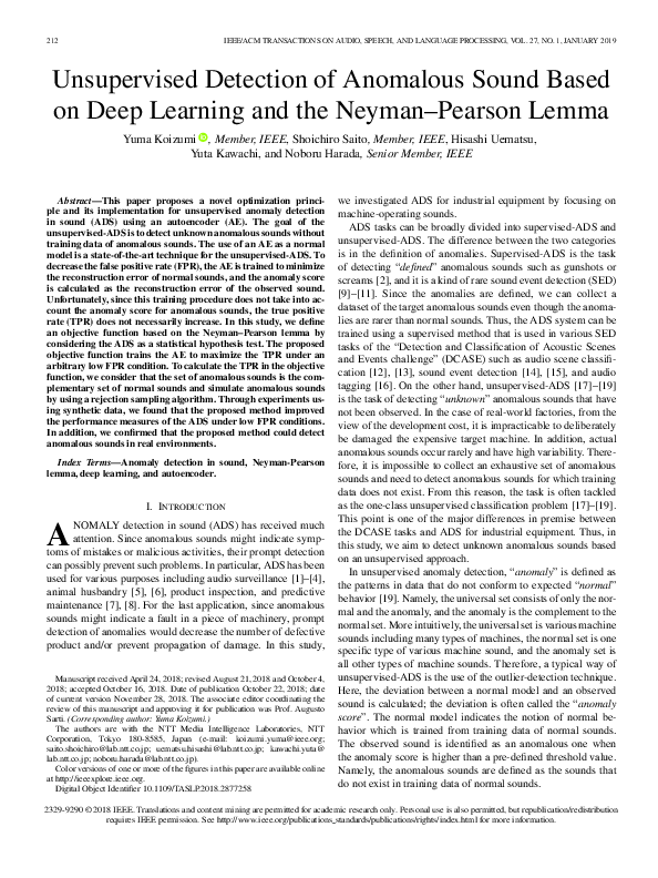 Pdf Unsupervised Detection Of Anomalous Sound Based On Deep Learning And The Neyman Pearson