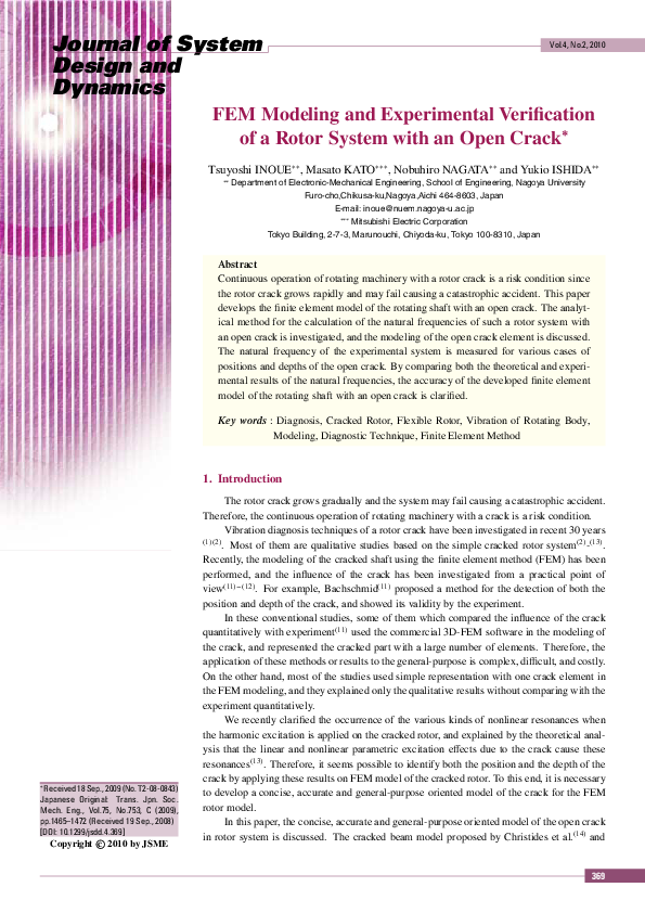 Pdf Fem Modeling And Experimental Verification Of A Rotor System With An Open Crack