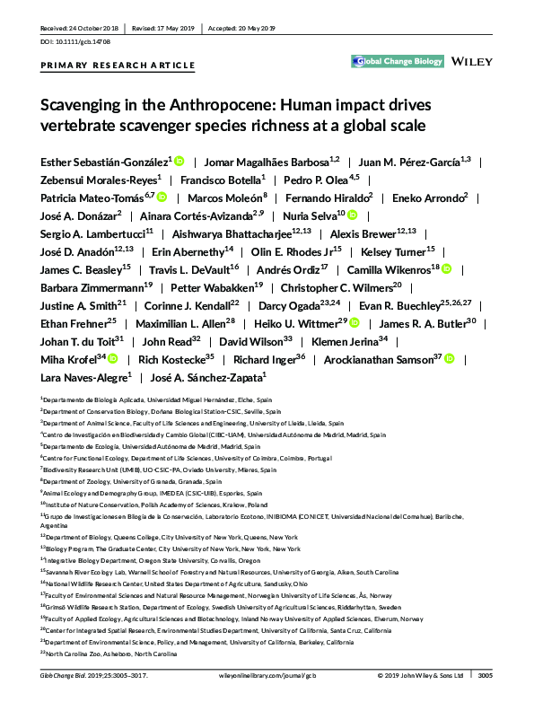 (PDF) Scavenging in the Anthropocene: Human impact drives vertebrate ...