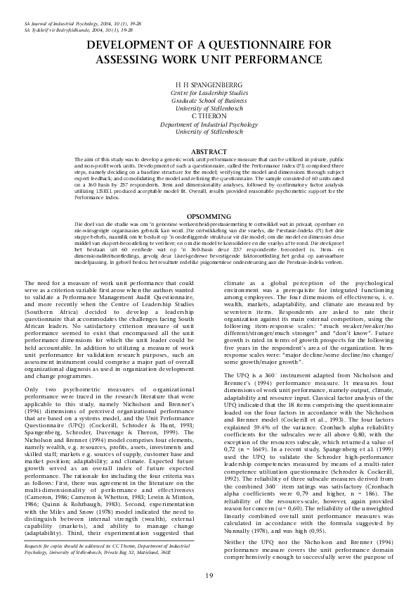 Pdf Development Of A Questionnaire For Assessing Work Unit Performance