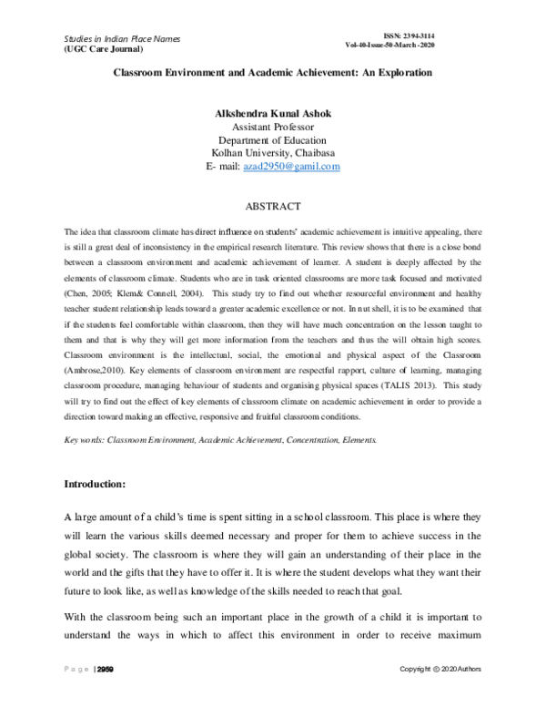 (PDF) Classroom Environment and Academic Achievement: An Exploration