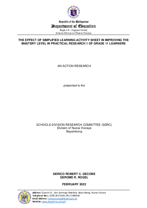 (PDF) THE EFFECT OF SIMPLIFIED LEARNING ACTIVITY SHEET IN IMPROVING THE MASTERY LEVEL IN ...