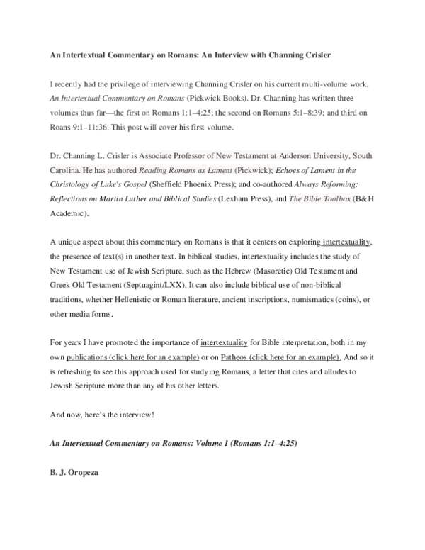 (PDF) Reading Romans 1-4 Intertextually: An Intertextual Commentary on ...