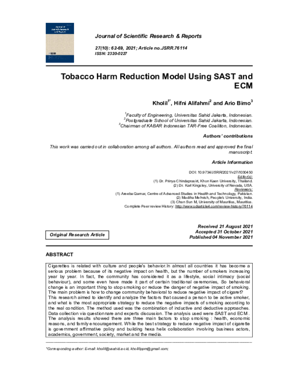 (PDF) Tobacco Harm Reduction Model Using SAST and ECM
