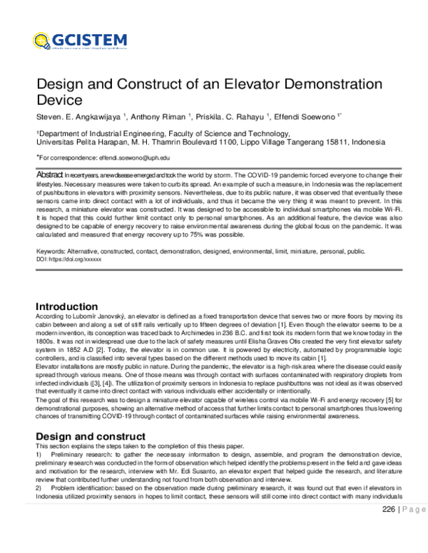 (PDF) Design and Construct of an Elevator Demonstration Device