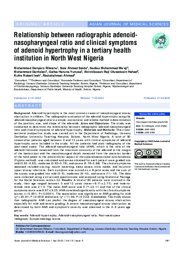 (PDF) Correlation between radiographic adenoidnasopharyngeal ratio and ...