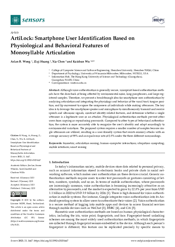 (PDF) ArtiLock: Smartphone User Identification Based on Physiological and Behavioral Features of ...