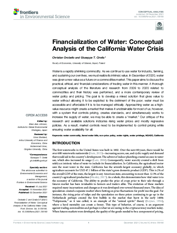 (PDF) Financialization of Water: Conceptual Analysis of the California ...