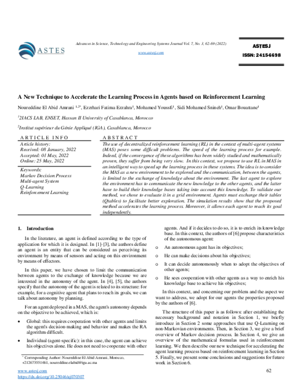 (PDF) A New Technique to Accelerate the Learning Process in Agents based on Reinforcement Learning