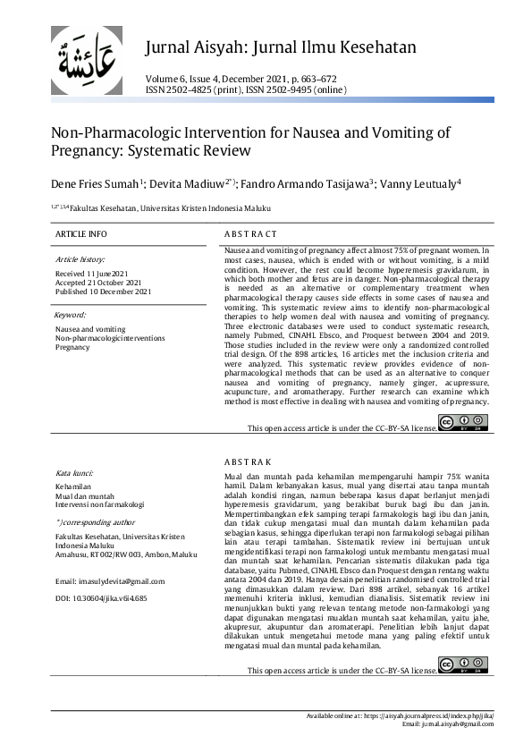 (PDF) Non-Pharmacologic Intervention for Nausea and Vomiting of Pregnancy: Systematic Review