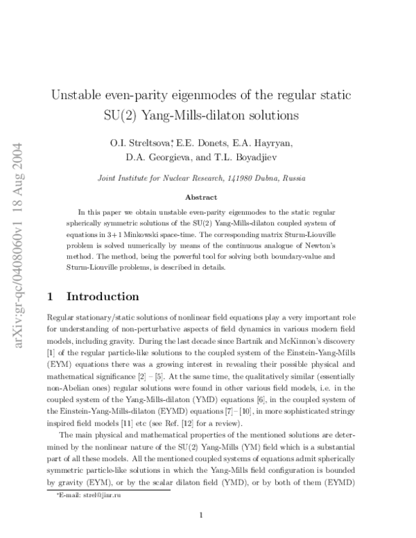 (PDF) Unstable even-parity eigenmodes of the regular static SU(2) Yang-Mills-dilaton solutions ...