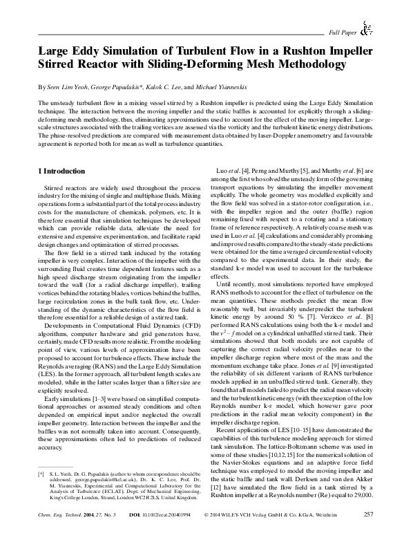 (PDF) Large Eddy Simulation of Turbulent Flow in a Rushton Impeller Stirred Reactor with Sliding ...