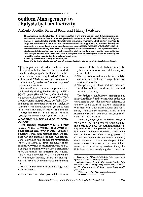 (PDF) Sodium Management in Dialysis by Conductivity