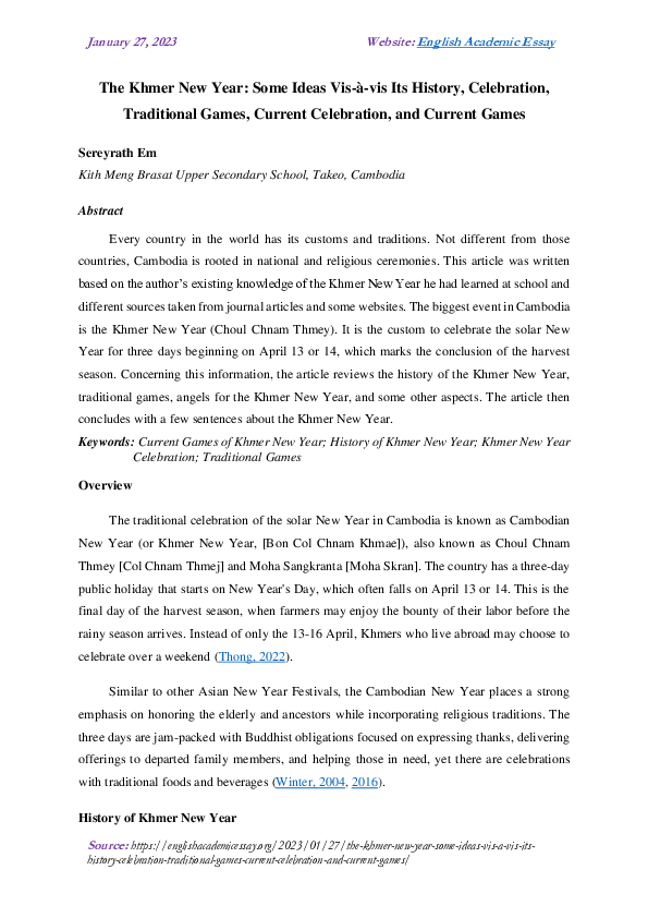 (PDF) The Khmer New Year: Some Ideas Vis-à-vis Its History, Celebration ...