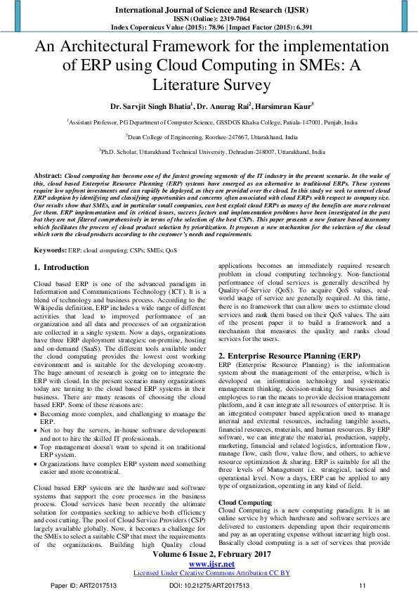 (PDF) An Architectural Framework for the implementation of ERP using Cloud Computing in SMEs: A ...
