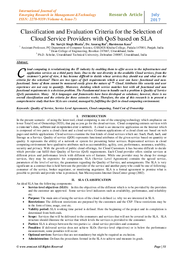 Pdf Classification And Evaluation Criteria For The Selection Of Cloud Service Providers With