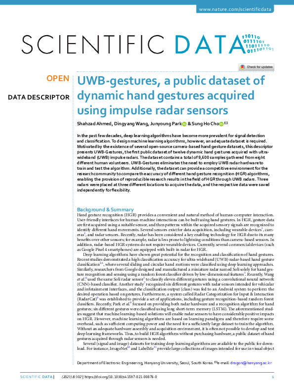 (PDF) UWB-gestures, a public dataset of dynamic hand gestures acquired using impulse radar sensors