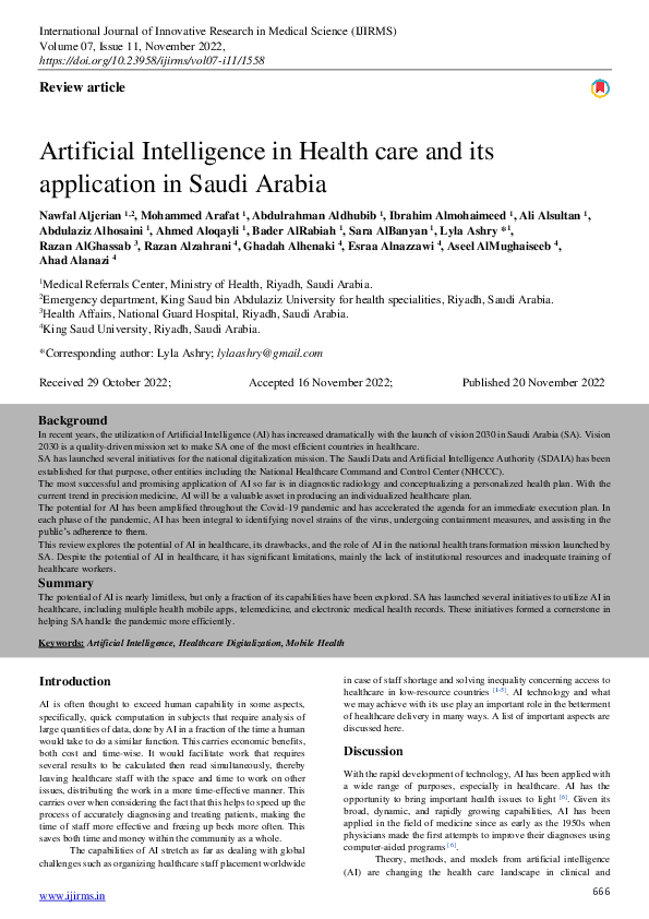 (PDF) Artificial Intelligence in Health care and its application in ...