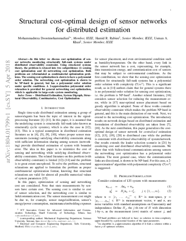 Pdf Structural Cost Optimal Design Of Sensor Networks For Distributed
