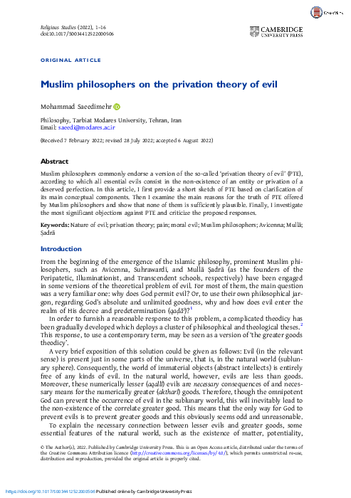 (PDF) Muslim philosophers on the privation theory of evil