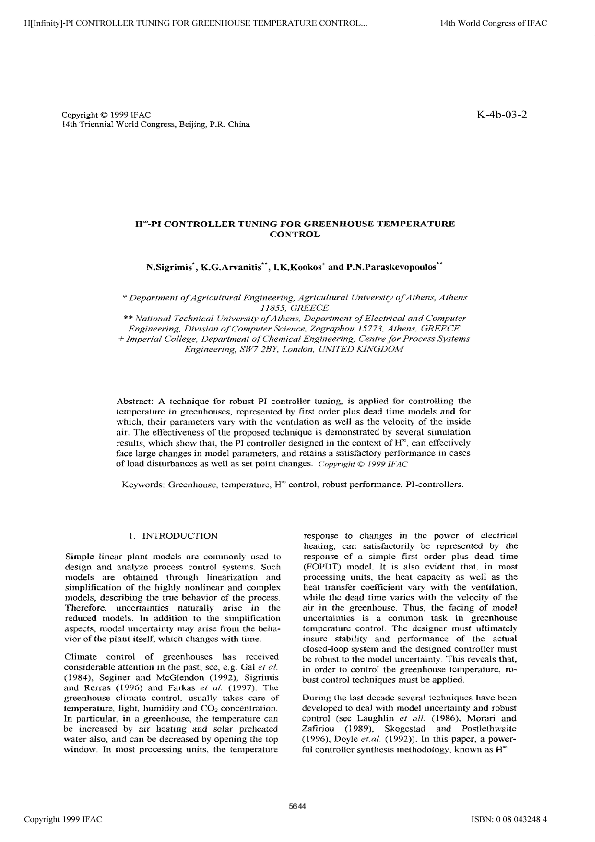 (PDF) H ∞ -PI controller tuning for greenhouse temperature control
