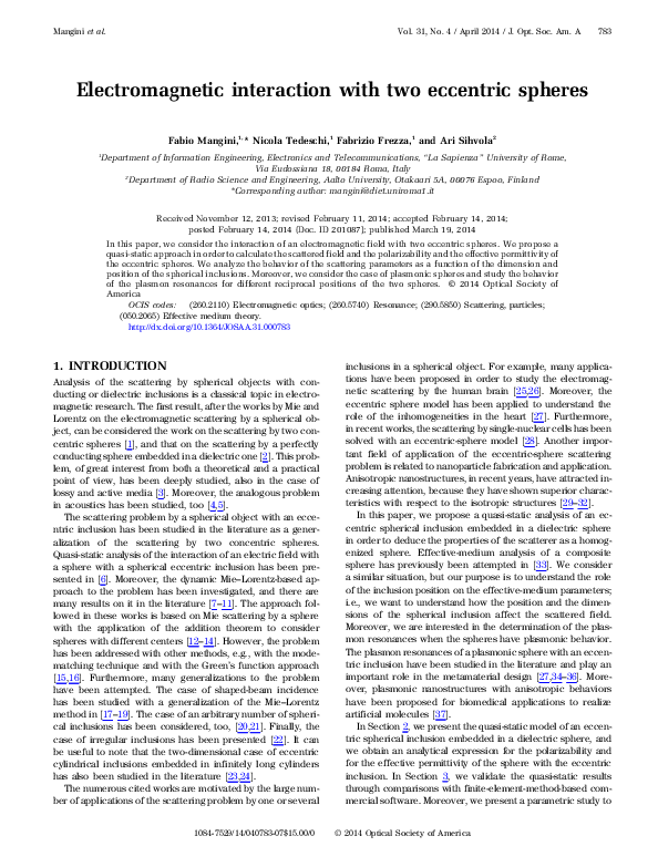 (PDF) Electromagnetic interaction with two eccentric spheres