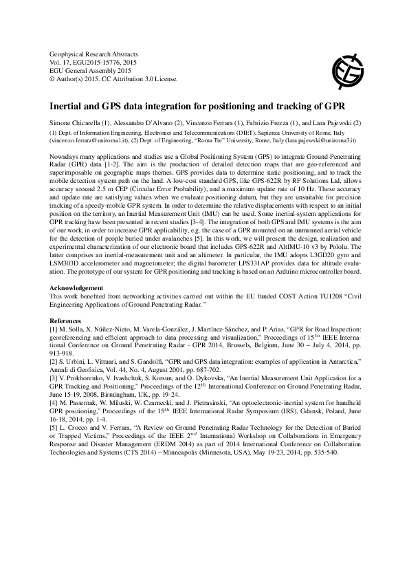 Inertial and GPS data integration for positioning and tracking of GPR
