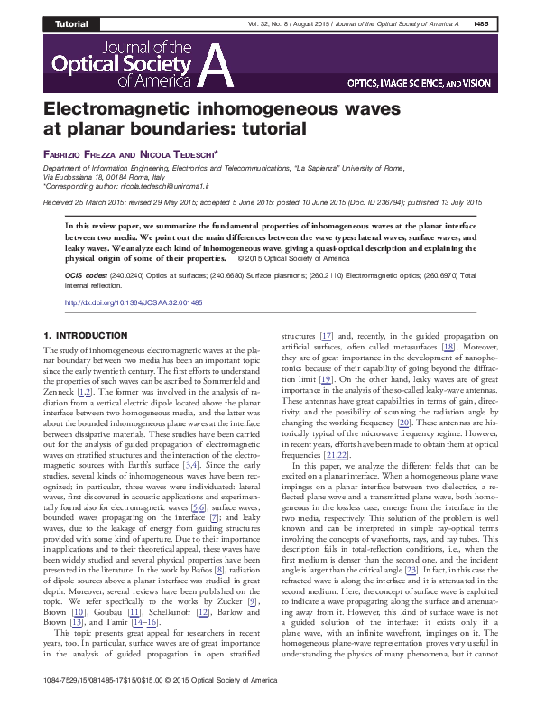 (PDF) Electromagnetic inhomogeneous waves at planar boundaries: tutorial