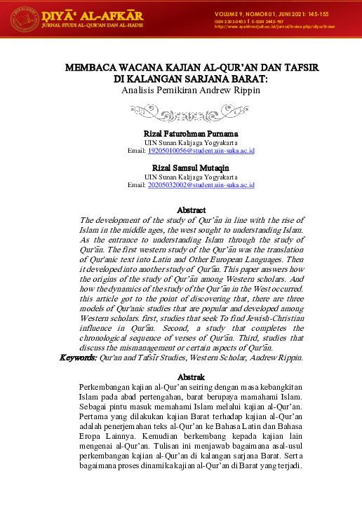 (PDF) MEMBACA WACANA KAJIAN AL-QUR’AN DAN TAFSIR DI KALANGAN SARJANA BARAT: Analisis Pemikiran ...