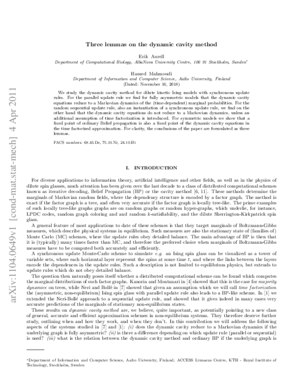 (PDF) Three Lemmas on Dynamic Cavity Method