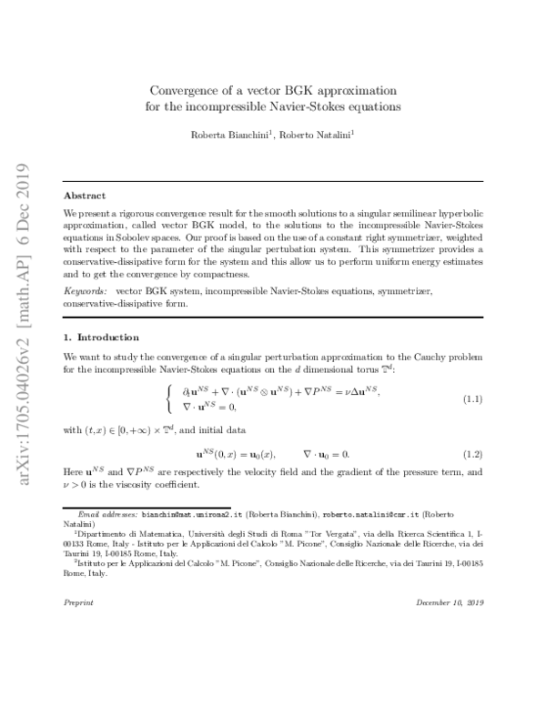 Pdf Convergence Of A Vector Bgk Approximation For The Incompressible Navier Stokes Equations