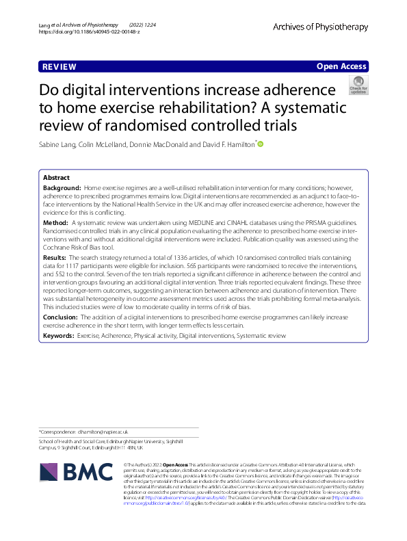 (PDF) Do digital interventions increase adherence to home exercise ...
