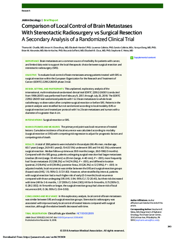 (PDF) Comparison of Local Control of Brain Metastases With Stereotactic Radiosurgery vs Surgical ...