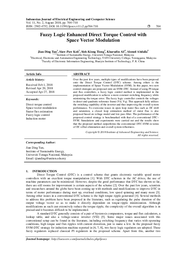 Pdf Fuzzy Logic Enhanced Direct Torque Control With Space Vector Modulation