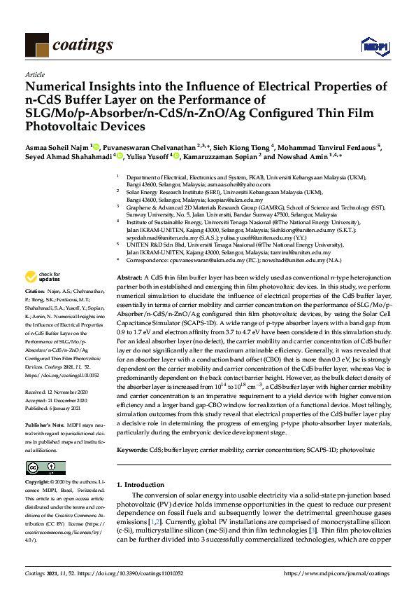 (PDF) Numerical Insights into the Influence of Electrical Properties of n-CdS Buffer Layer on ...