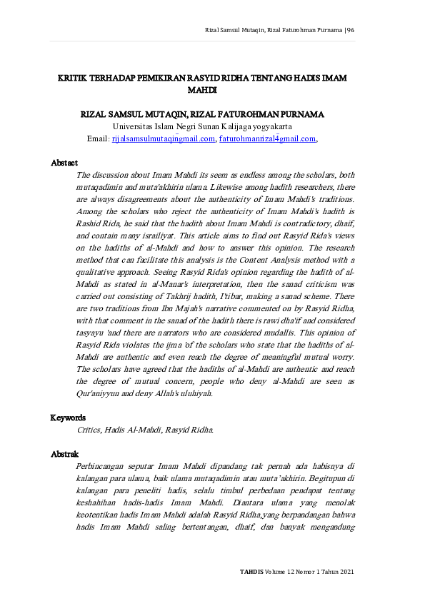 (PDF) KRITIK TERHADAP PEMIKIRAN RASYID RIDHA TENTANG HADIS IMAM MAHDI