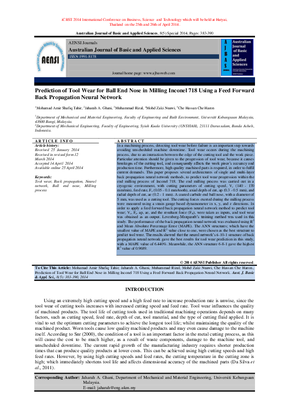 Pdf Prediction Of Tool Wear For Ball End Nose In Milling Inconel 718 Using A Feed Forward Back