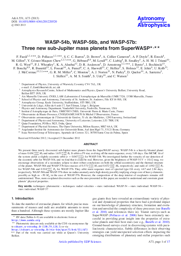 (PDF) WASP-54b, WASP-56b, and WASP-57b: Three new sub-Jupiter mass planets from SuperWASP | ian ...