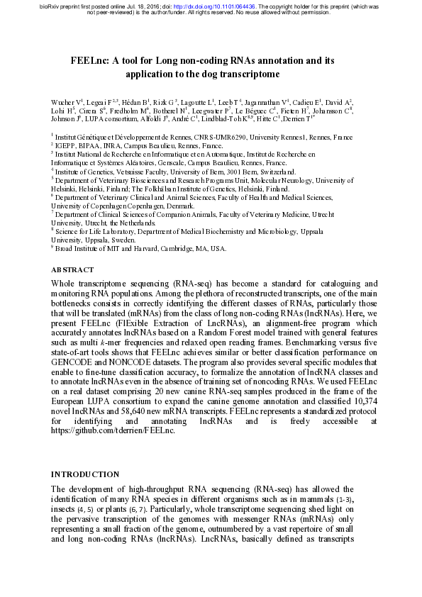 (PDF) FEELnc: A tool for Long non-coding RNAs annotation and its application to the dog ...