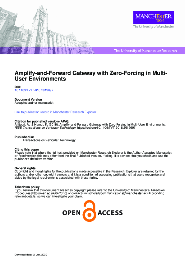 (PDF) Amplify-and-Forward Gateway With Zero-Forcing in Multiuser Environments