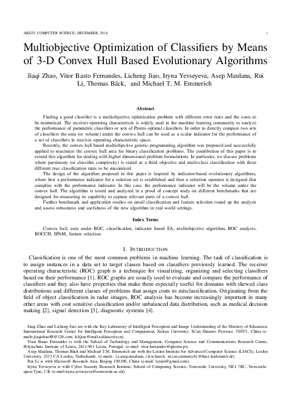 Pdf Multiobjective Optimization Of Classifiers By Means Of 3d Convex Hull Based Evolutionary