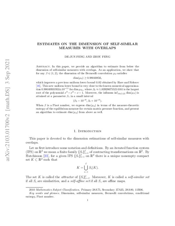 (PDF) Estimates on the dimension of self‐similar measures with overlaps