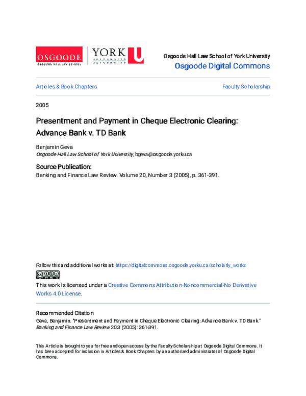 (PDF) Presentment and Payment in Cheque Electronic Clearing: Advance ...