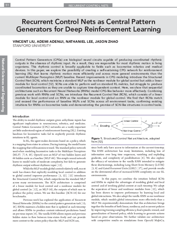 Pdf Recurrent Control Nets As Central Pattern Generators For Deep Reinforcement Learning