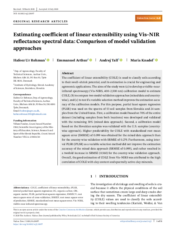 Pdf Estimating Coefficient Of Linear Extensibility Using Visnir