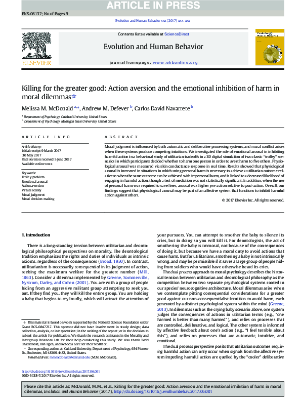(PDF) Killing for the greater good: Action aversion and the emotional ...